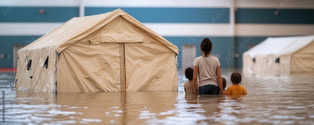 A family in a temporary shelter inside a city gymnasium after their ...