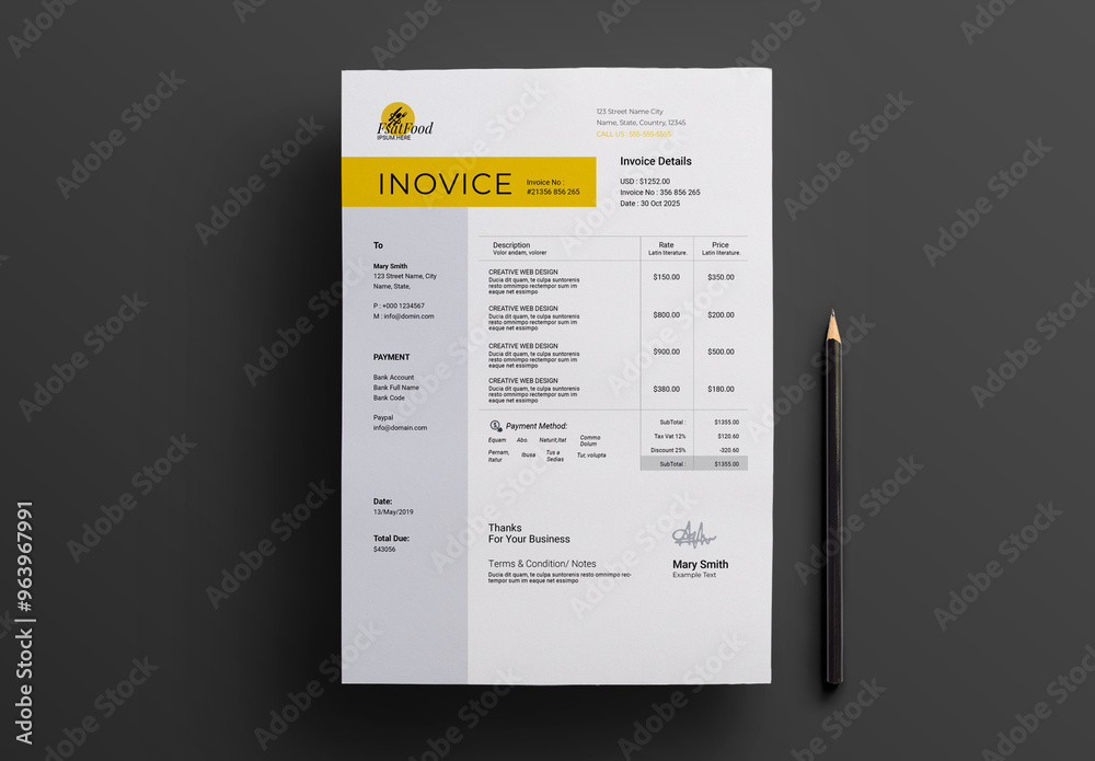 Creative Minimal Fast Food Invoice Template Stock Template | Adobe Stock