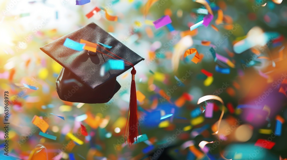 Graduation scene with cap diploma and confetti symbolizes academic ...