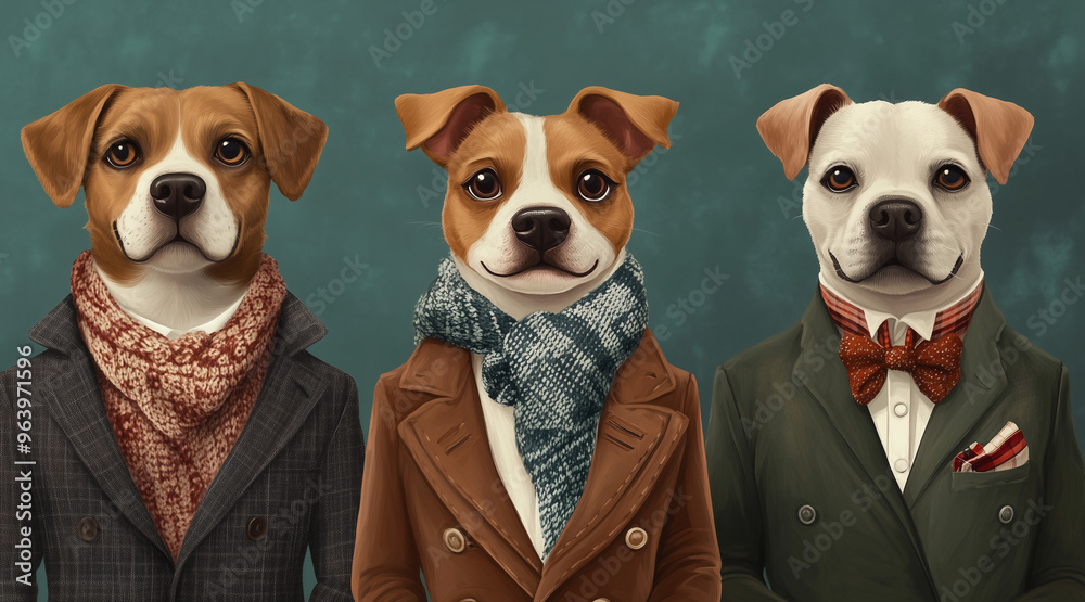 Dogs in fashionable suits, portraits of stylish dogs in cartoon style ...