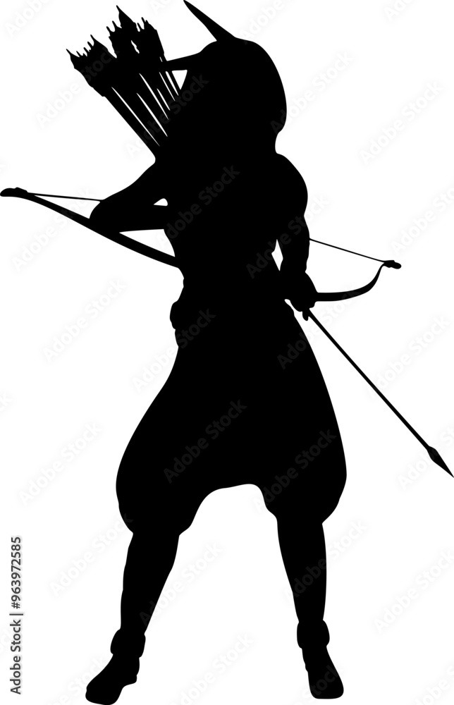 Woman warrior with arrows and bow, archer in action pose silhouette ...