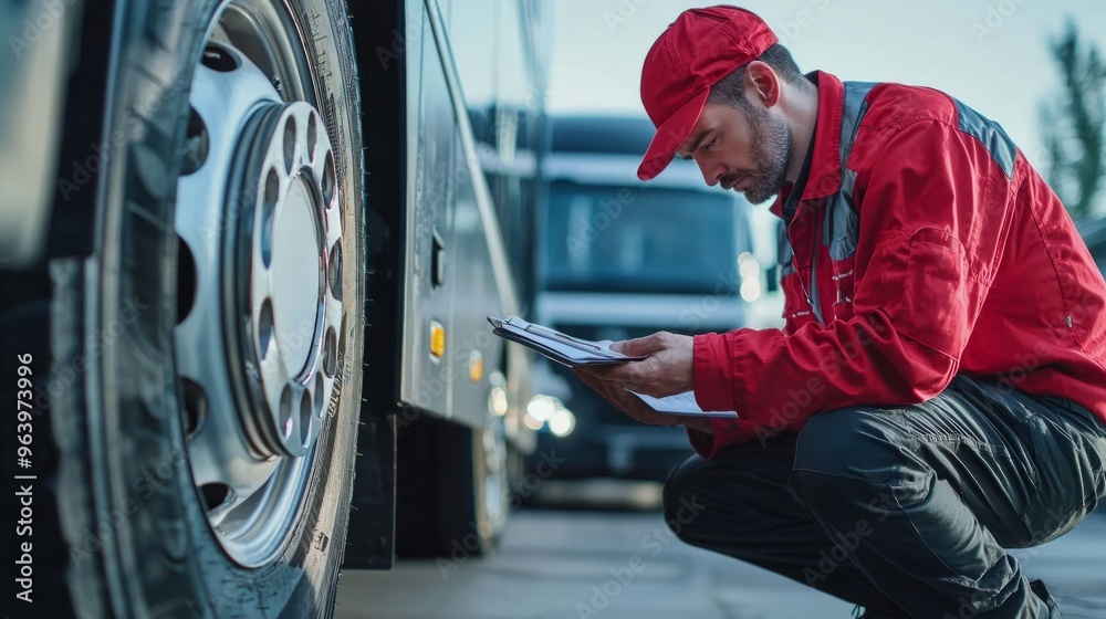 mechanic is Checking the bus Safety Maintenance Checklist. Inspection ...