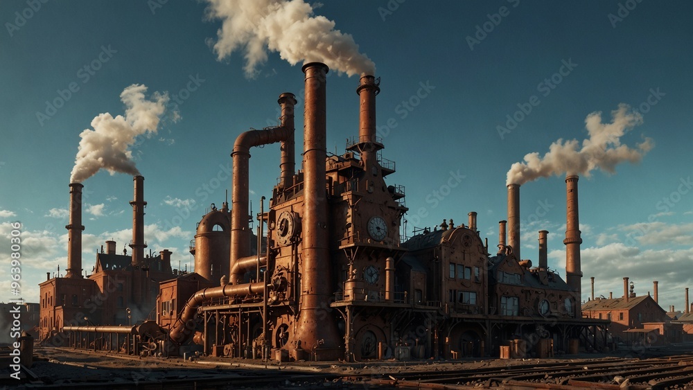 A steampunk-style mechanical factory filled with iron gears and steam ...