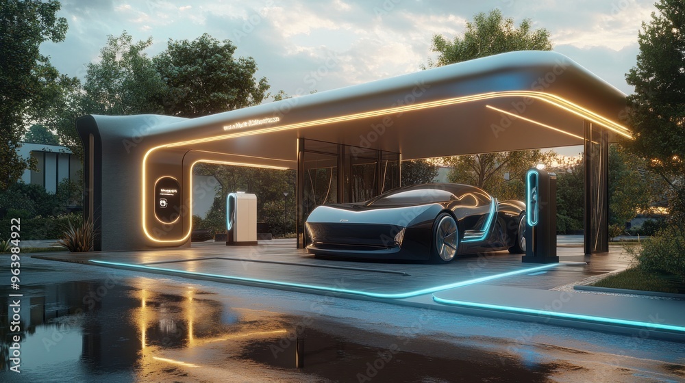 A sleek, modern hydrogen station refueling a futuristic hydrogen car ...