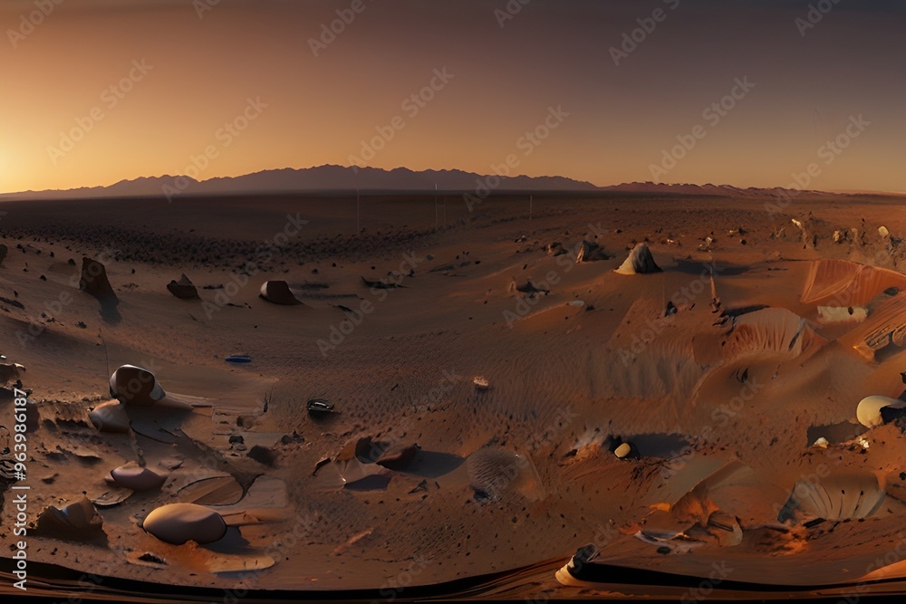 360 HDRI panorama of Mars sunset. Martian landscape, environment map ...