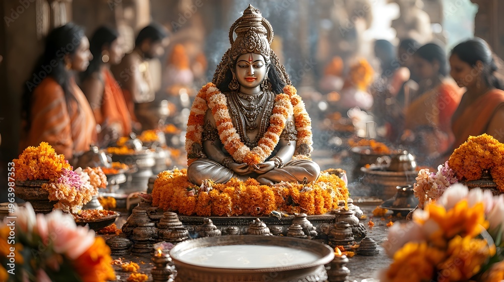 Devotees Performing Ritual at Shiva Lingam with Offerings of Milk ...