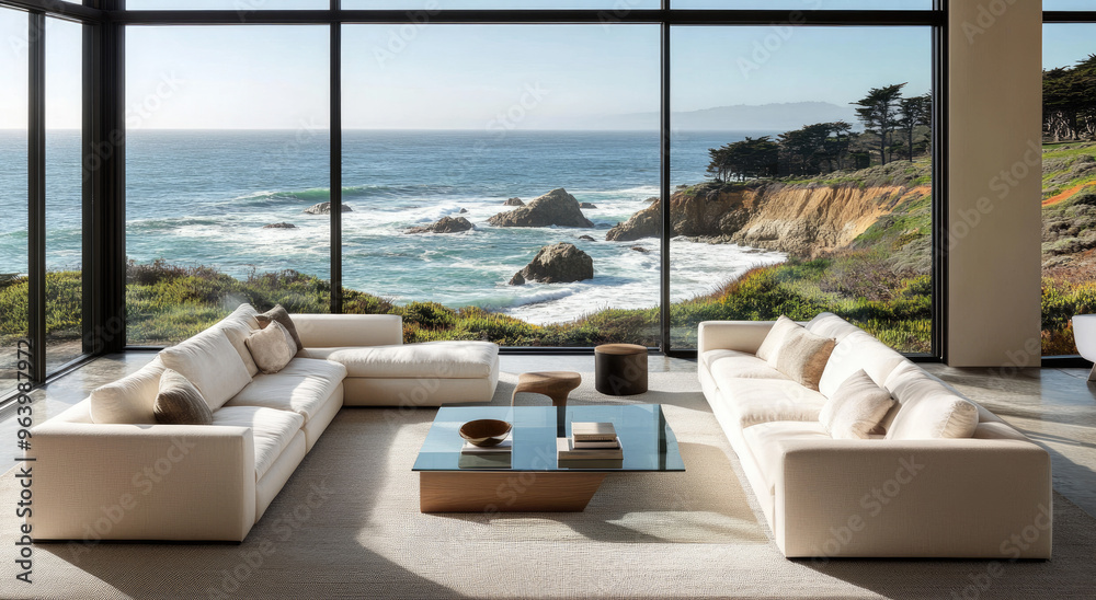 Stunning ocean view from the large living room of an opulent beachside ...