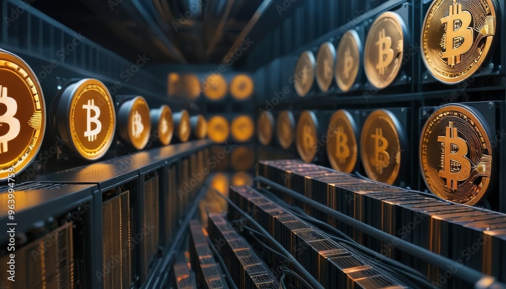 Interior view of a high-tech Bitcoin mining farm with rows of glowing ...
