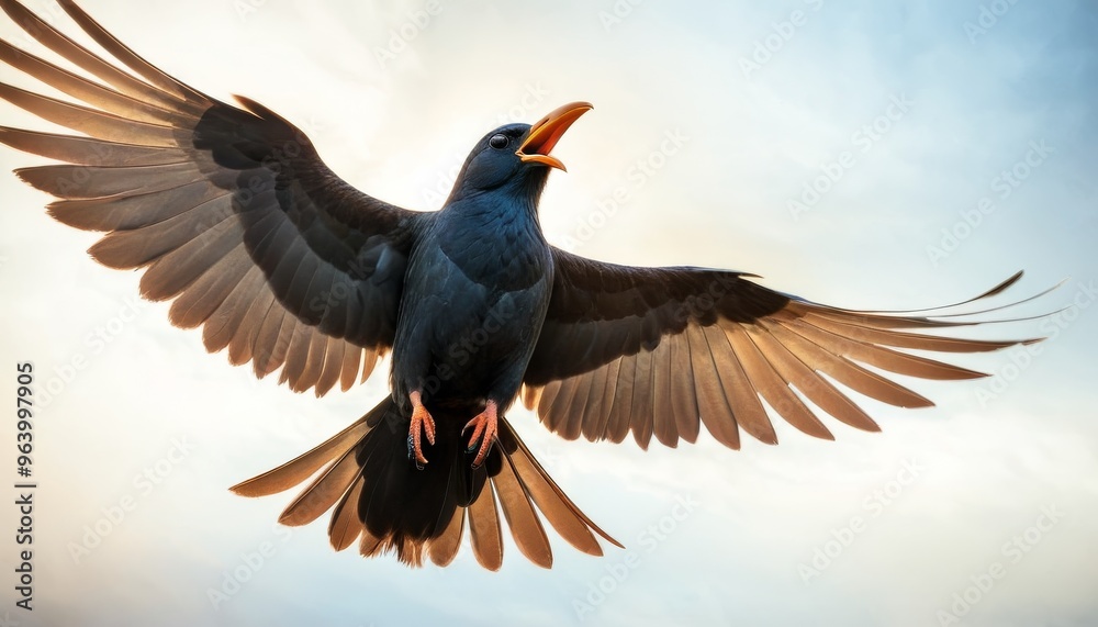 An awe-inspiring image of a crow soaring with wings spread wide against ...