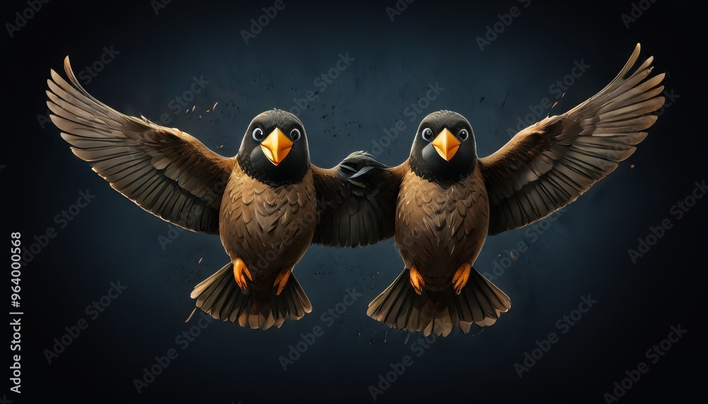 Two cartoon birds with expressive faces fly together against a dark ...