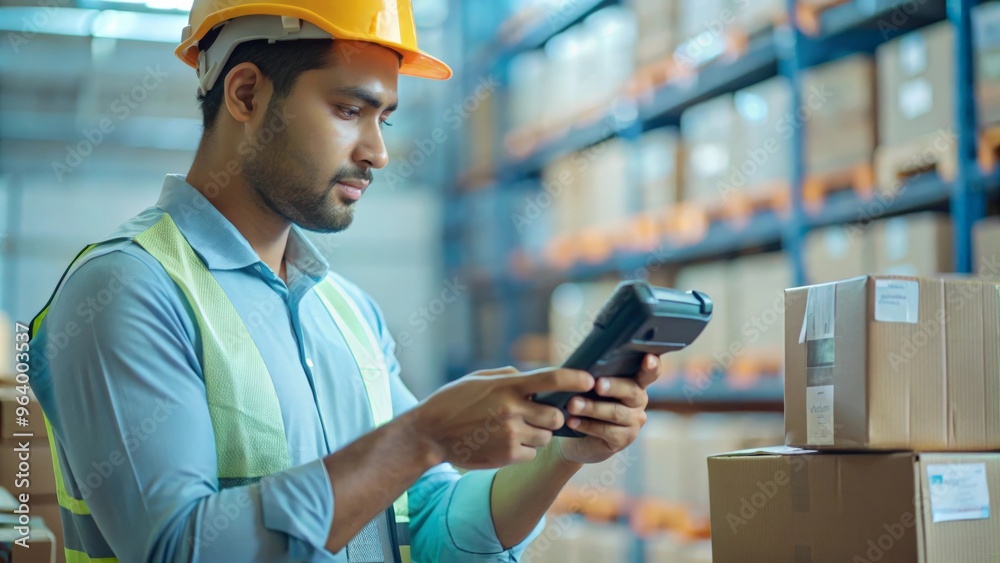 An Indian delivery person scanning package barcodes with a handheld ...