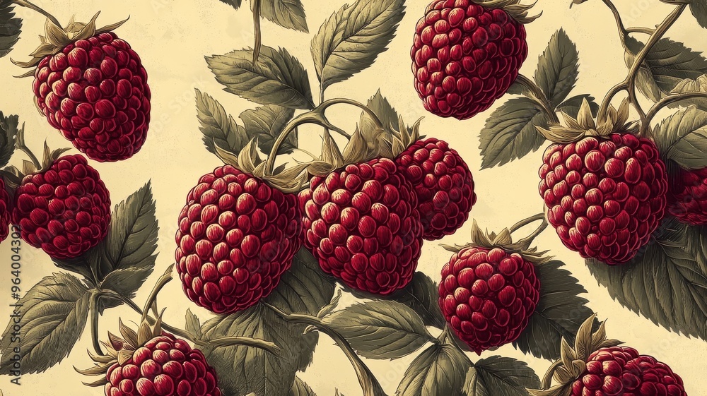 Raspberry in a woodblock print style with strong lines and traditional ...