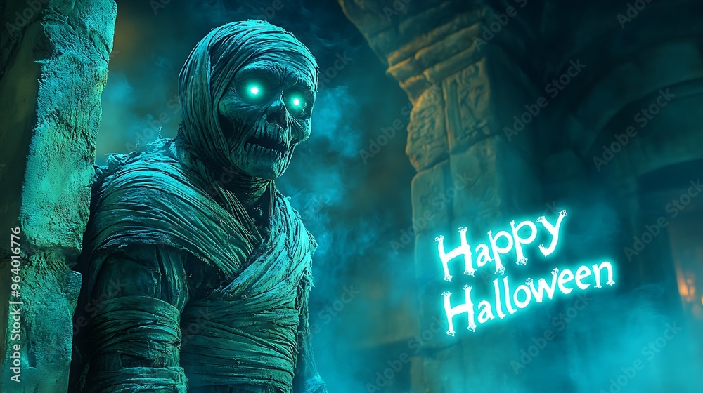 An ancient mummy unraveling, its wraps falling away to reveal glowing ...