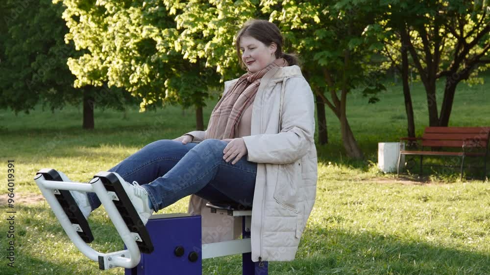 Caucasian woman exercising on outdoor exercise machine bending legs at ...
