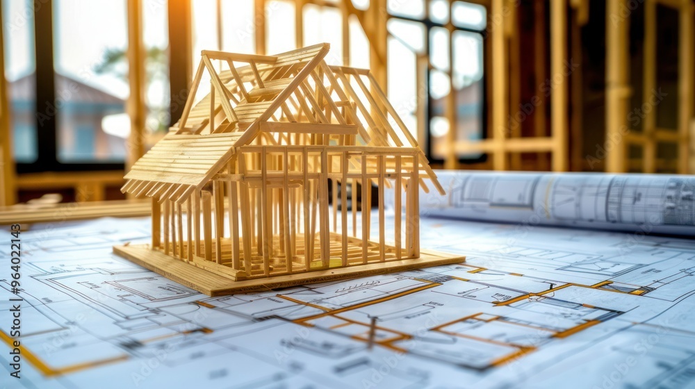 Blueprints for wooden house model under construction in building ...