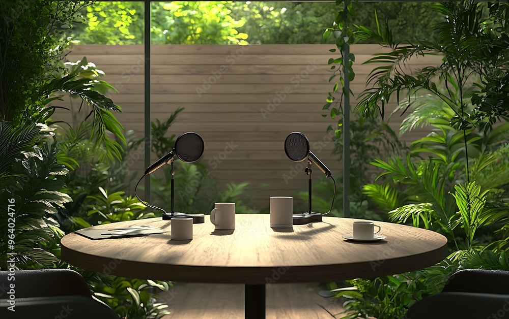 Modern and Relaxed Podcast Studio Setup with Round Table, Microphones ...