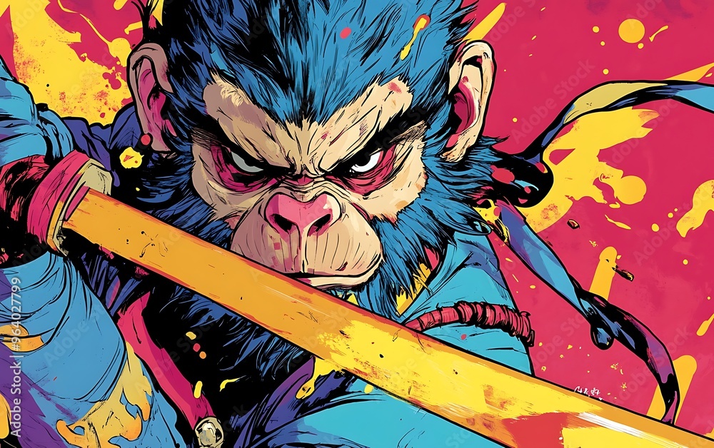 Defiant Wukong: Retro Comic Close-Up with Vibrant Colors and Bold ...