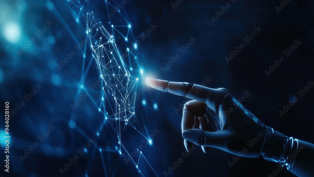 Artificial intelligence robot finger tapping a data pad, deep learning ...