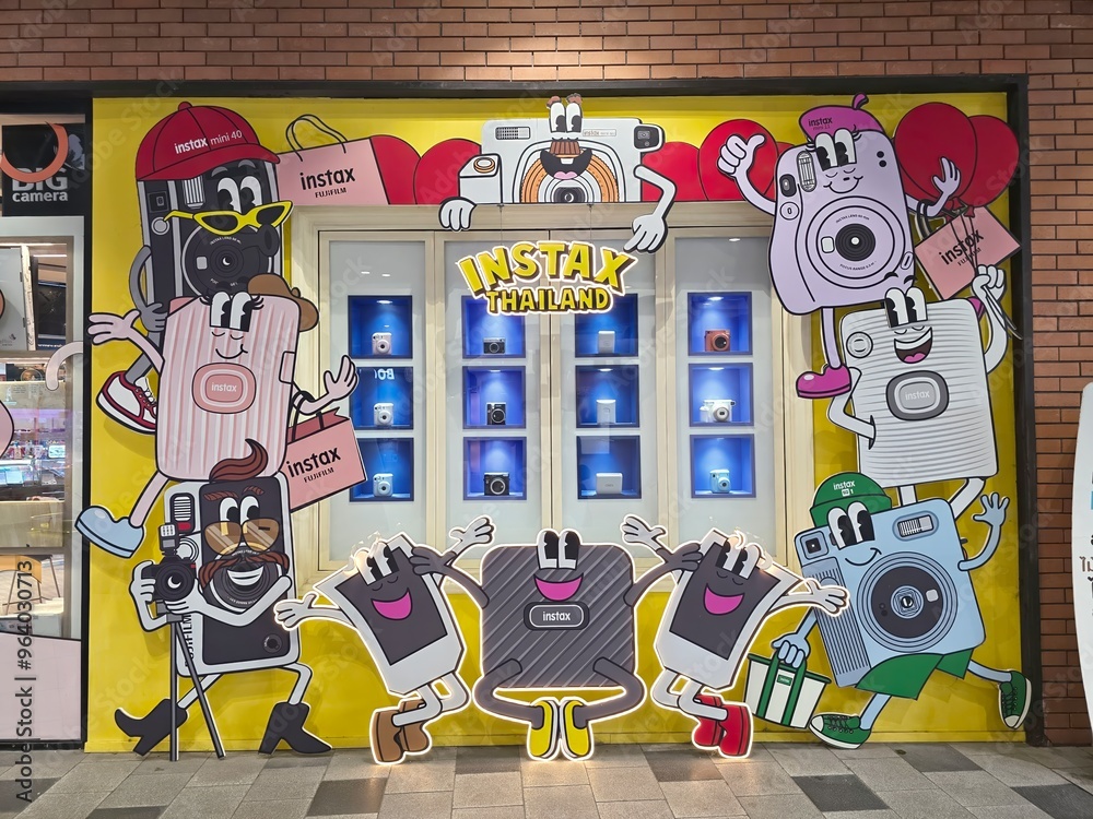 Colorful storefront with fun cartoon camera characters in a mall ...