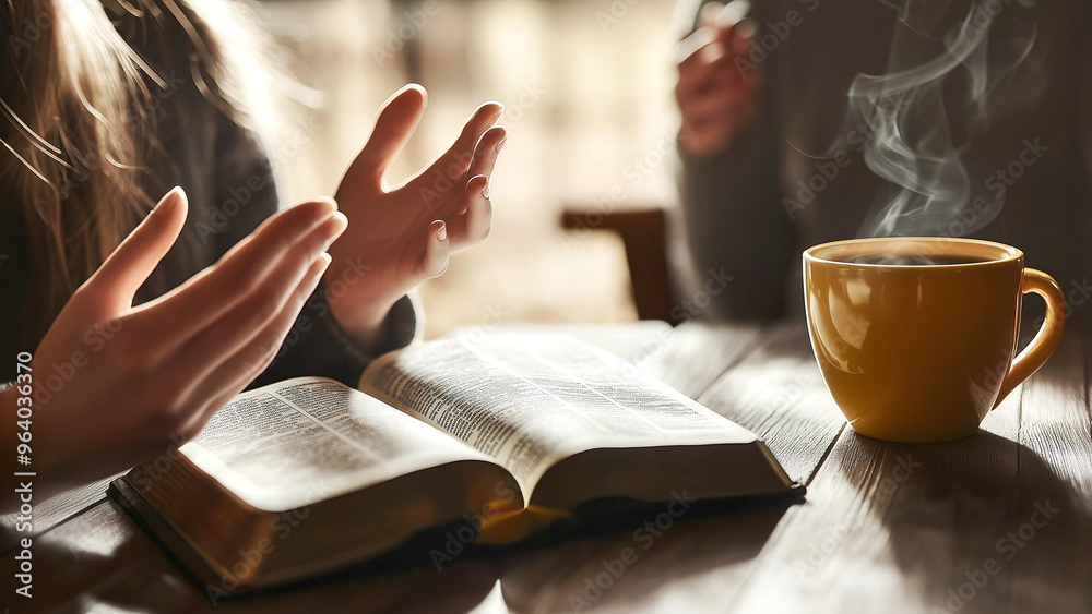 Praying Hands with Open Bible and Coffee - Praying Together/ Bible ...