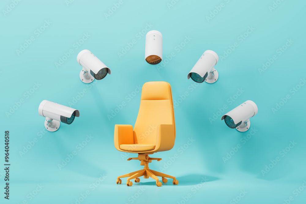 Image of an orange office chair surrounded by white security cameras on ...