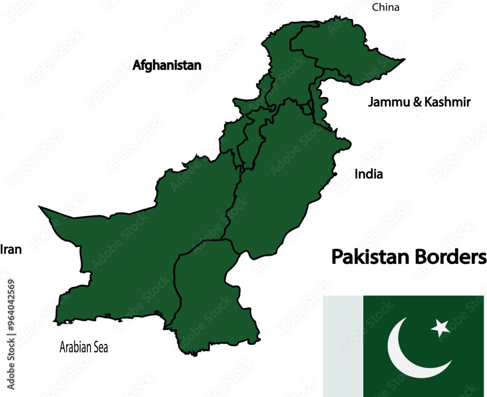 Pakistan map with Flag. Pakistan border map with names of countries and ...