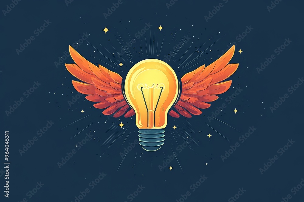 A flat design of a light bulb with wings sprouting from its sides. The ...
