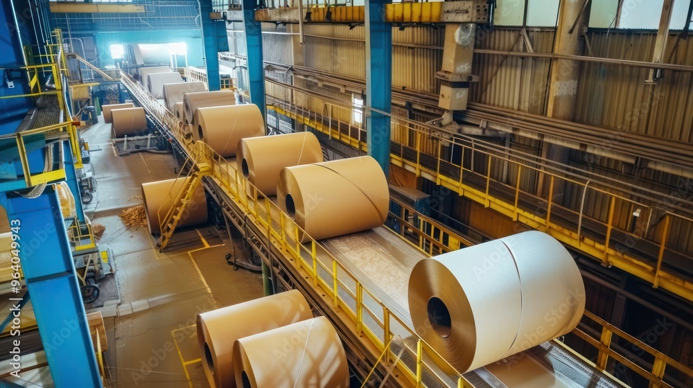 Paper mill machines produce wood pulp into paper rolls for different applications. Concept Paper ...