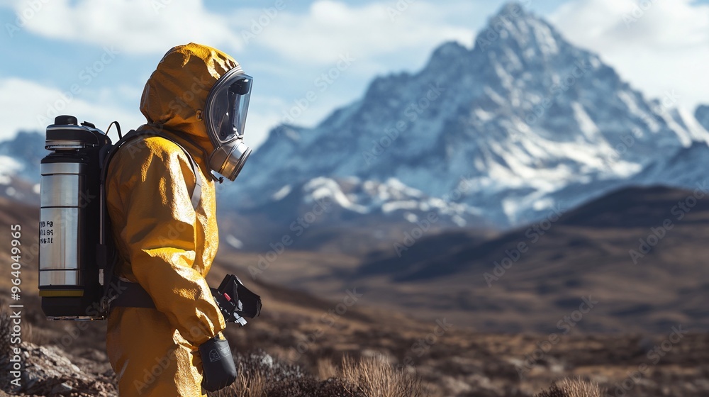 photorealistic field researcher in a sleek hazmat suit monitoring air ...