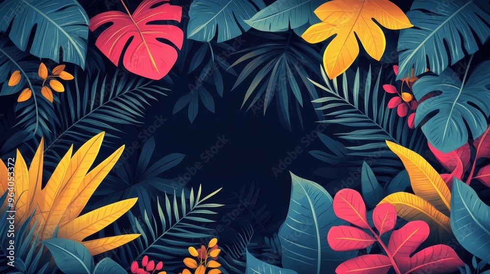 Rainforest illustrated in flat design style with bold colors, simple ...