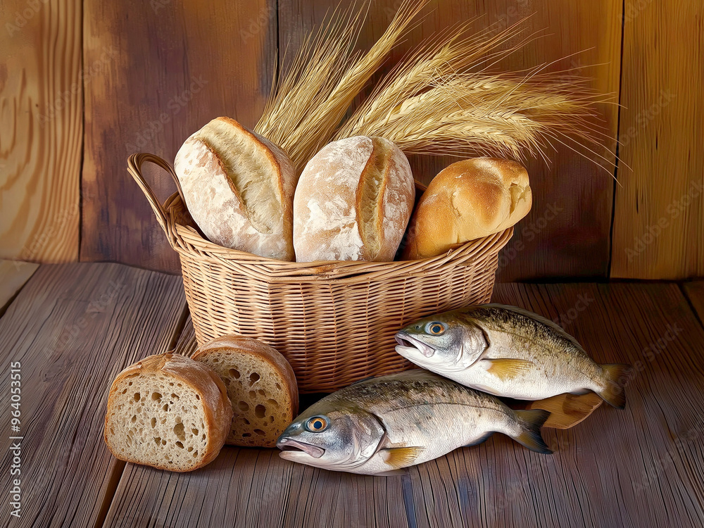 5 Loaves and 2 Fish. Bible Illustration, Photo-realistic - [4:3 ratio] Landscape Format Stock ...