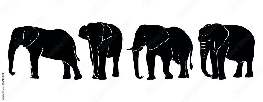 Set of elephants silhouettes vector. Elephant vector silhouette set ...