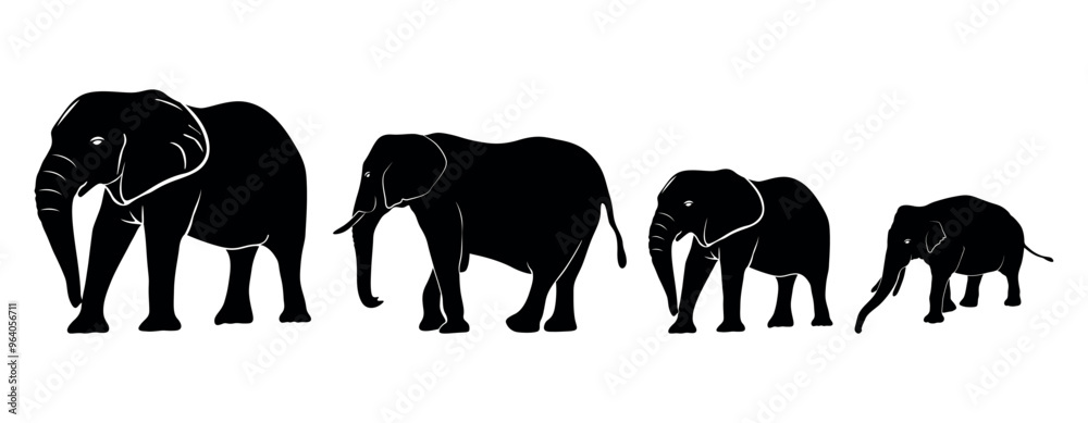 Set of elephants silhouettes vector. Elephant vector silhouette set ...