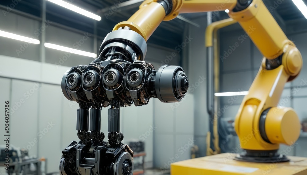 Detailed view of a robotic arm showcasing its complex mechanical design ...