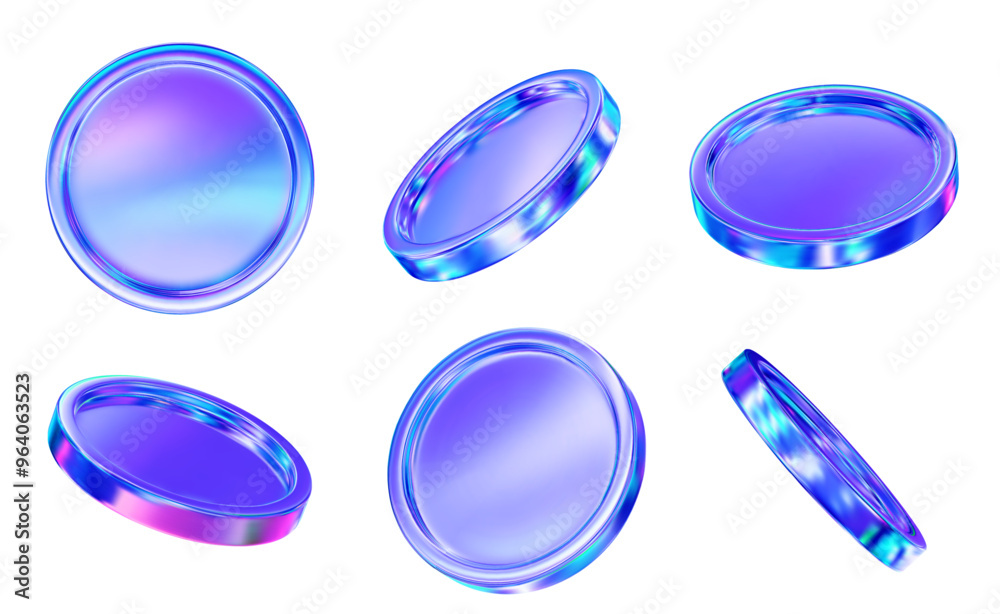 Vetor de 3D set holographic or neon coins with different angles. Symbol ...