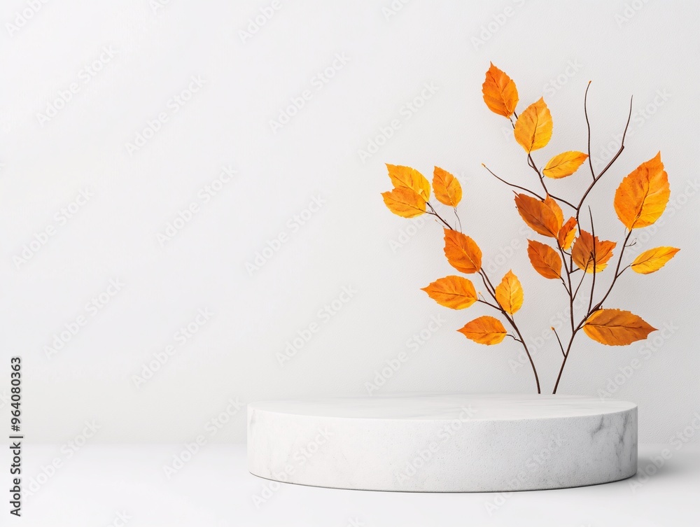 pedestal with autumn leaves and branches, designed in Cinema 4D, with ...