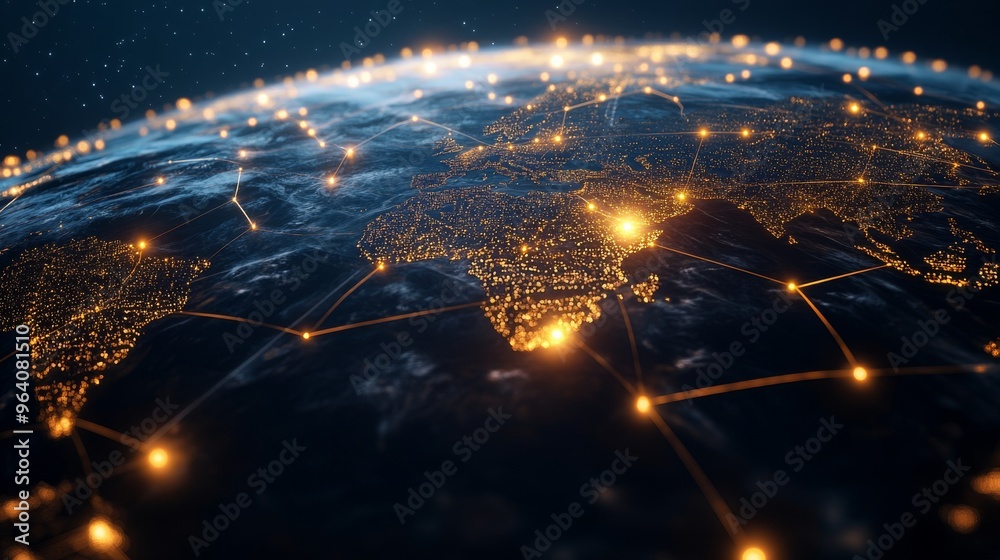 Global network grid with illuminated cities and golden pathways on a ...