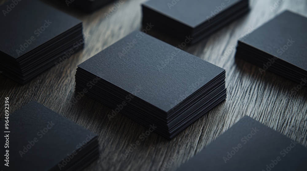 Matte black business cards neatly arranged on a dark wooden surface ...