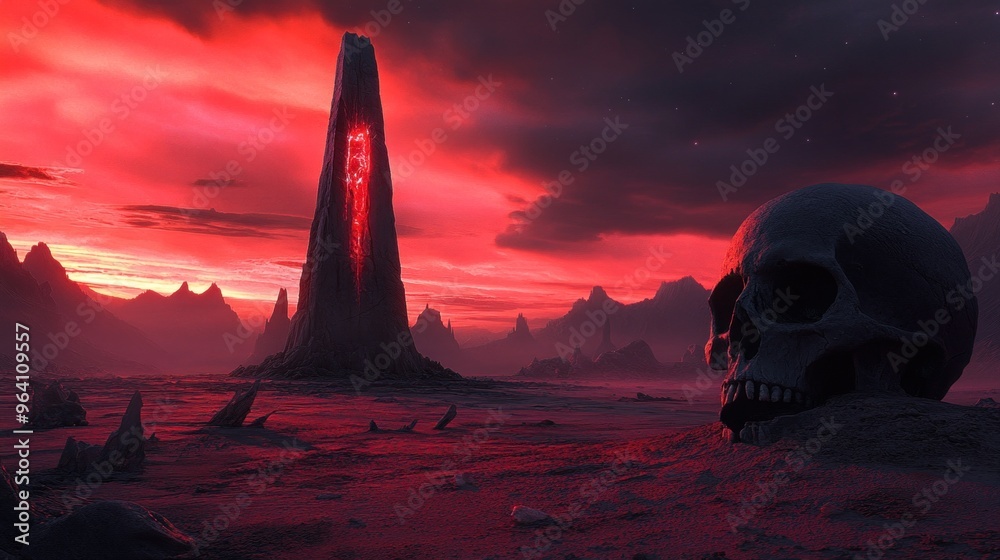 A towering obelisk rises from a barren terrain, surrounded by mountains ...