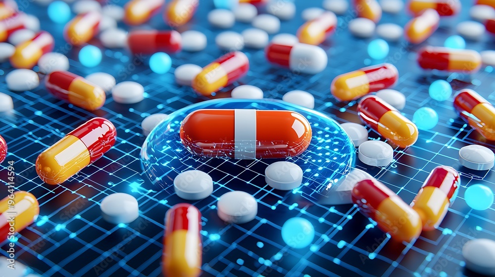 A digital healthcare concept with pharmaceutical pills arranged on a ...