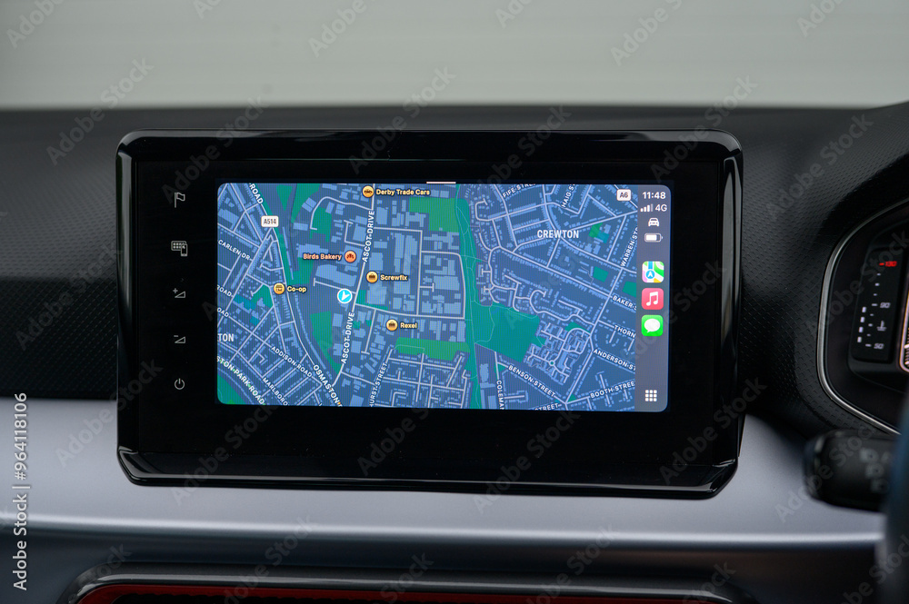 Apple Maps on Apple CarPlay Screen: Modern Car Dashboard Featuring GPS ...