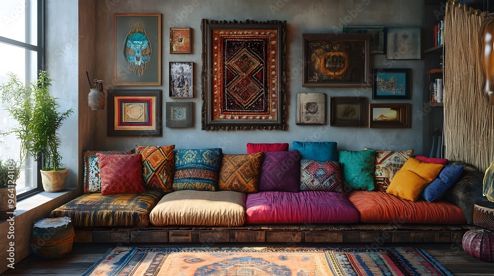 Boho Sofa with Rustic Frame A bohemian-style corner with a comfortable ...