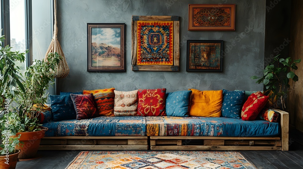 Boho Sofa with Rustic Frame A bohemian-style corner with a comfortable ...