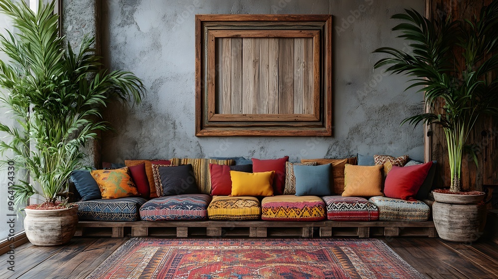 Boho Sofa with Rustic Frame A bohemian-style corner with a comfortable ...