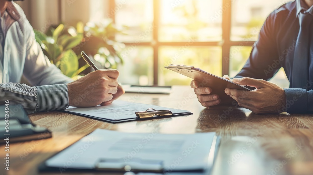 HR manager conducting a job interview, sitting across a desk, clipboard ...