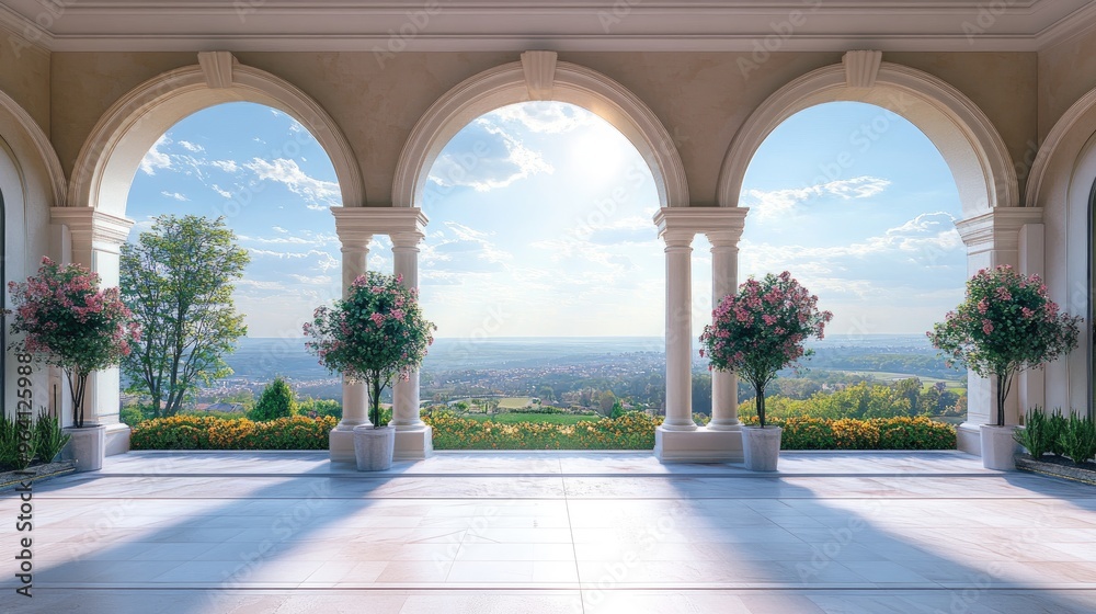 Majestic exterior architectural design with elegant arches, rendered in ...