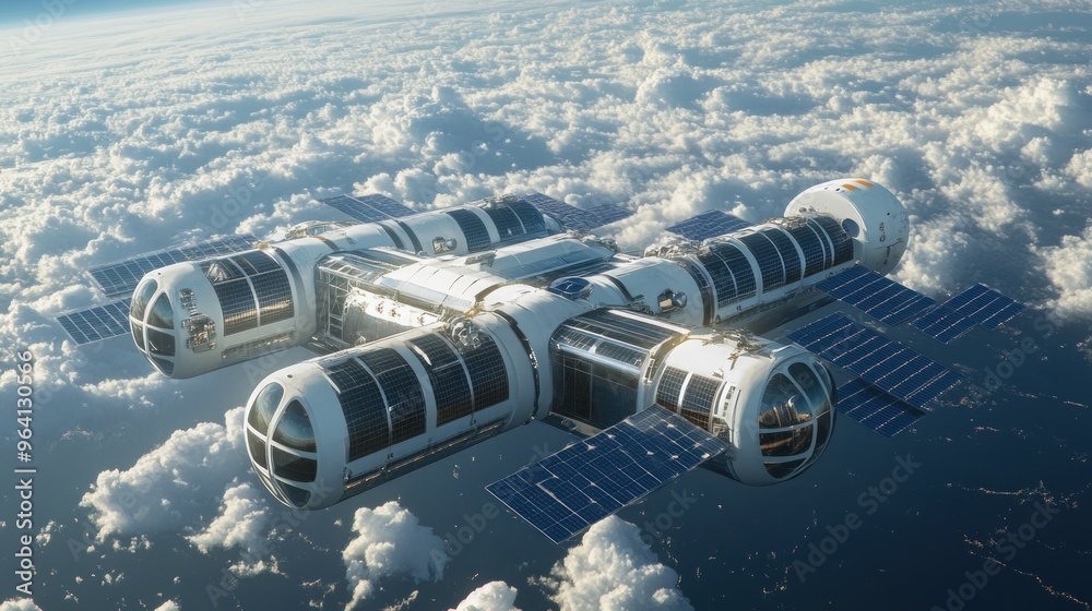 A futuristic space station powered by hydrogen, floating in orbit with ...