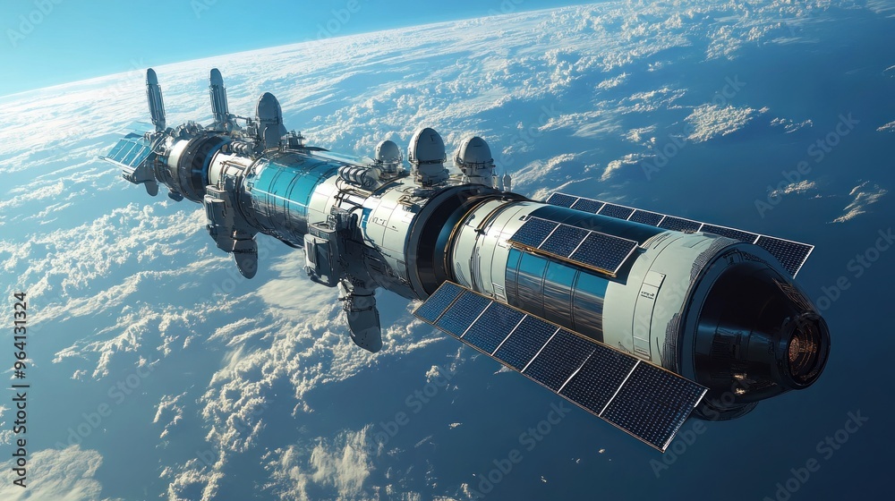 A futuristic space station powered by hydrogen, floating in orbit with ...