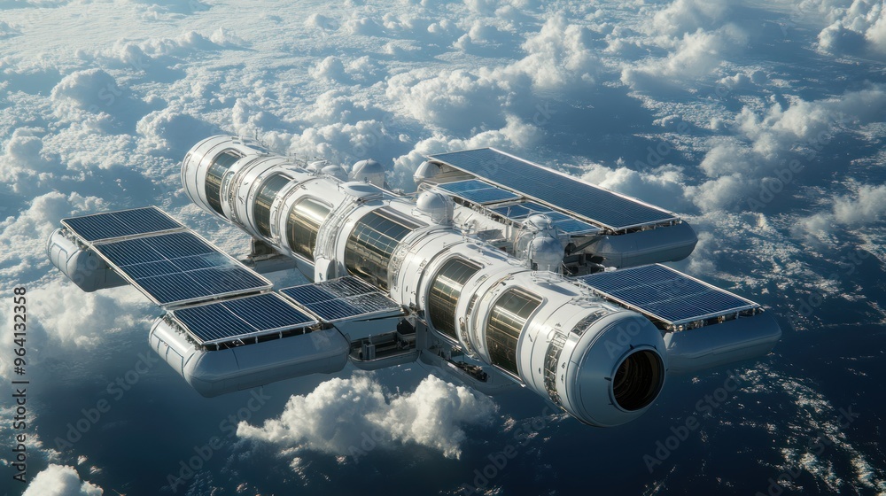 A futuristic space station powered by hydrogen, floating in orbit with ...