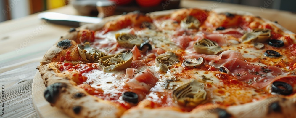 Detailed image of a freshly baked pizza with diverse toppings on a ...